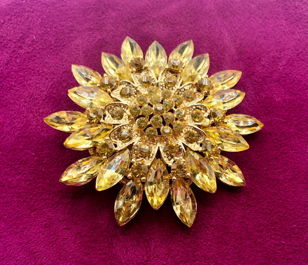 1960s Yellow Rhinestone Brooch, Large Brooch, Vintage Mother's Day Gift ...