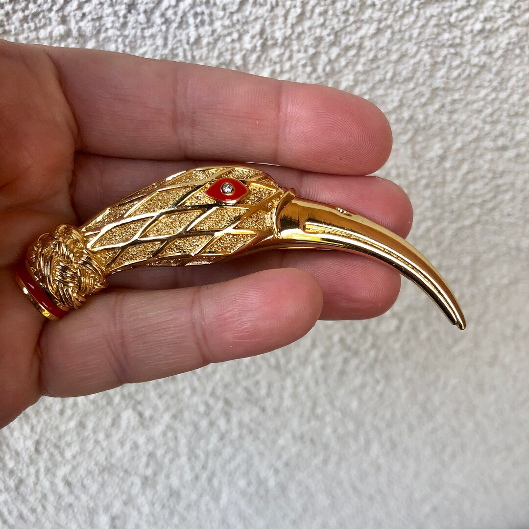Vintage Balenciaga Paris Large Bird Head Pin, Gold Tone Metal, Red ...