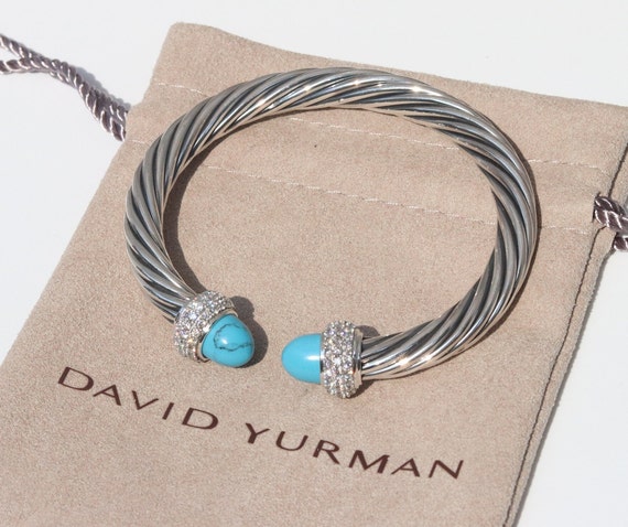 David Yurman Sterling Silver 7mm Cable Candy Turquoise Diamond Bracelet