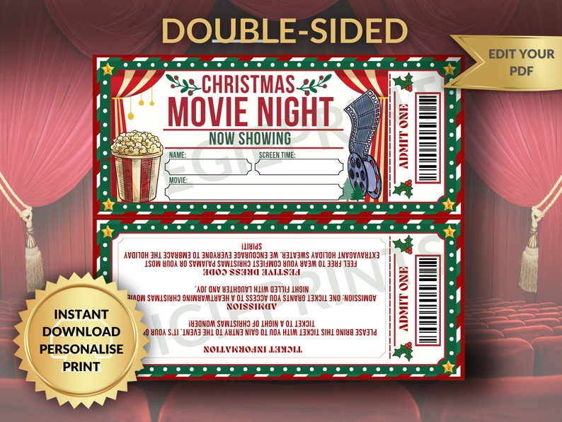 Printable Personalised Surprise Christmas Movie Night Ticket Cinema ...