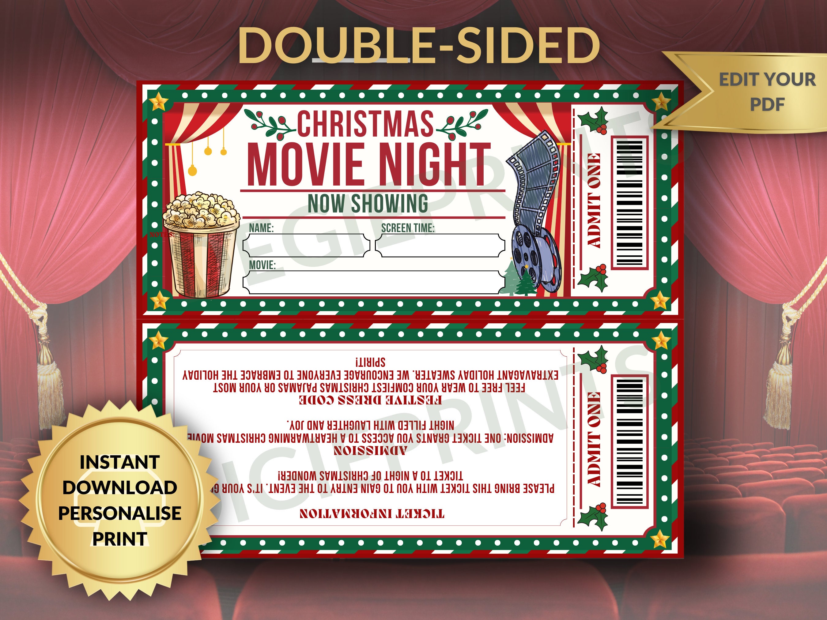 Printable Personalised Surprise Christmas Movie Night Ticket Cinema ...