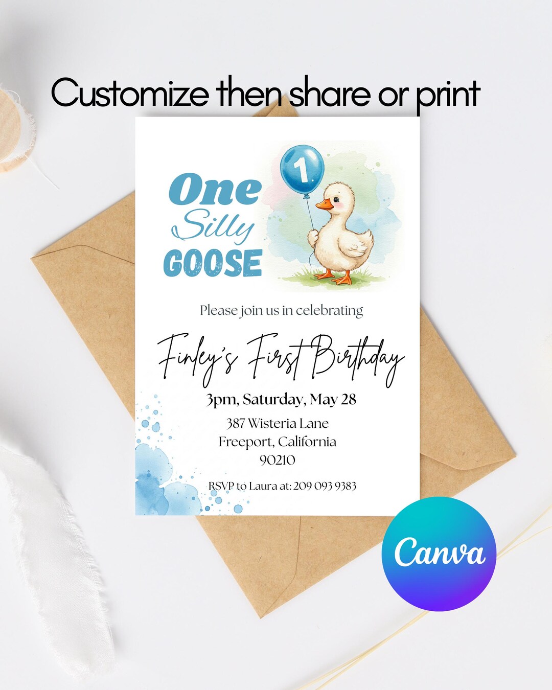 Editable One Silly Goose Party Invitation Custom Digital Template Canva ...