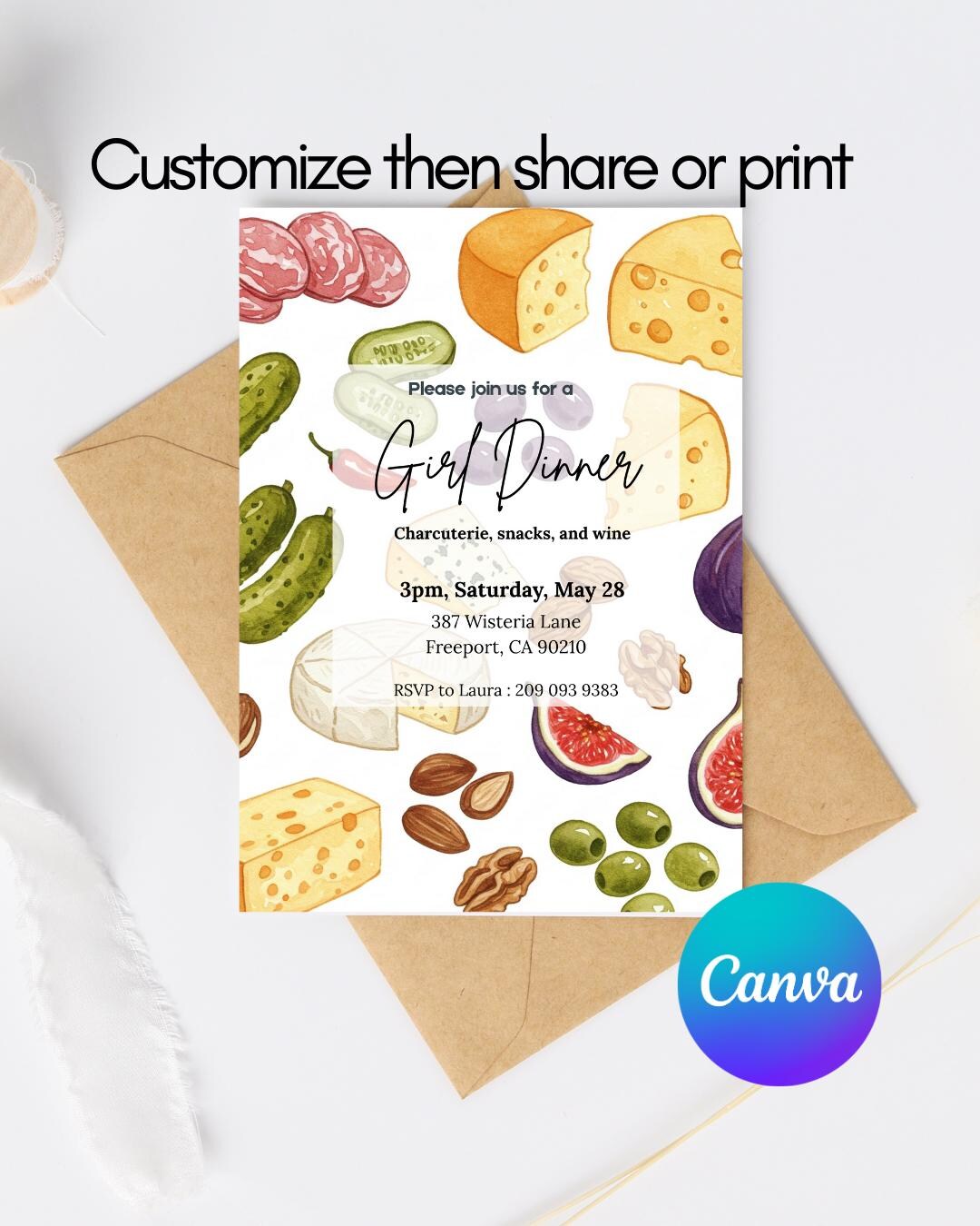 Editable Charcuterie Girl Dinner Appetizer Party Invitation Custom ...