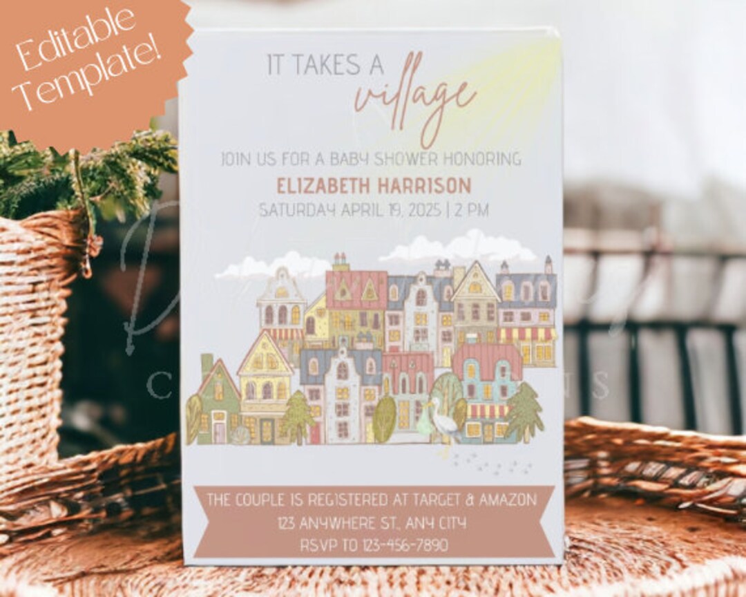 EDITABLE It Takes A Village Cute Gender Neutral Baby Shower Invitation ...