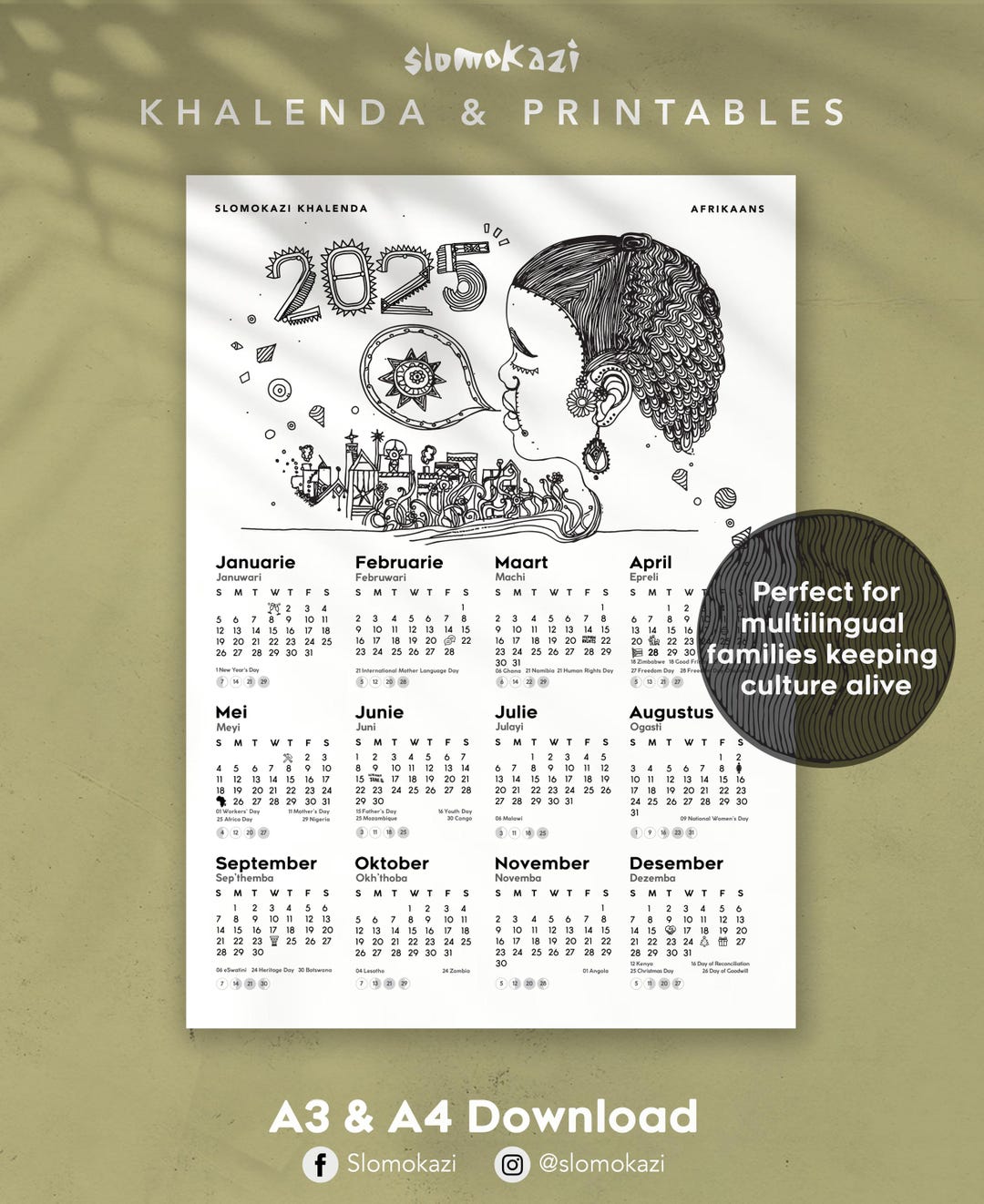 2025 Afrikaans Khalenda • Printable Wall Calendar • Instant Download ...