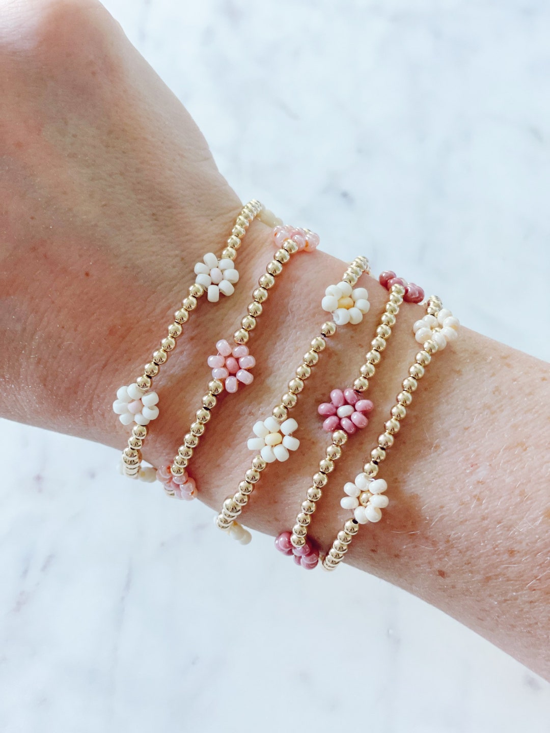 Daisy Bracelet for Women, Daisy Beaded Bracelet, Gold Filled Daisy ...