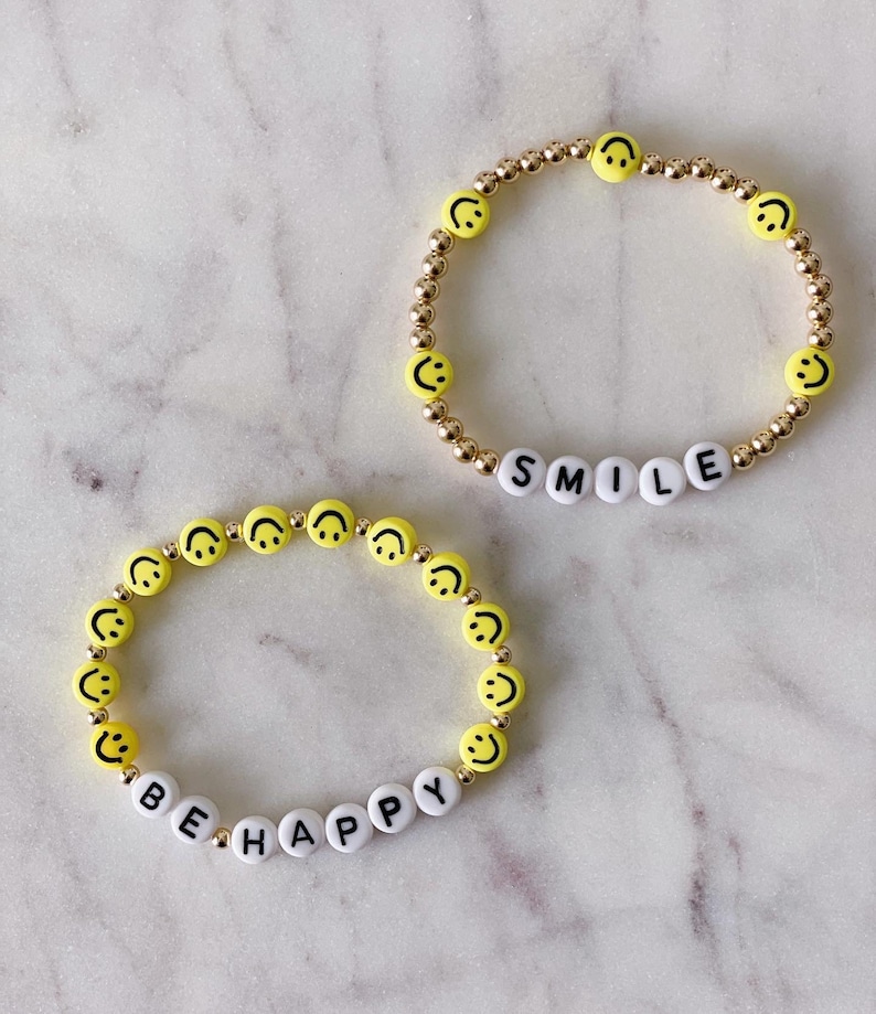Smiley Face Bracelet, Be Happy Bracelet, Smile Gold Beaded Bracelet ...