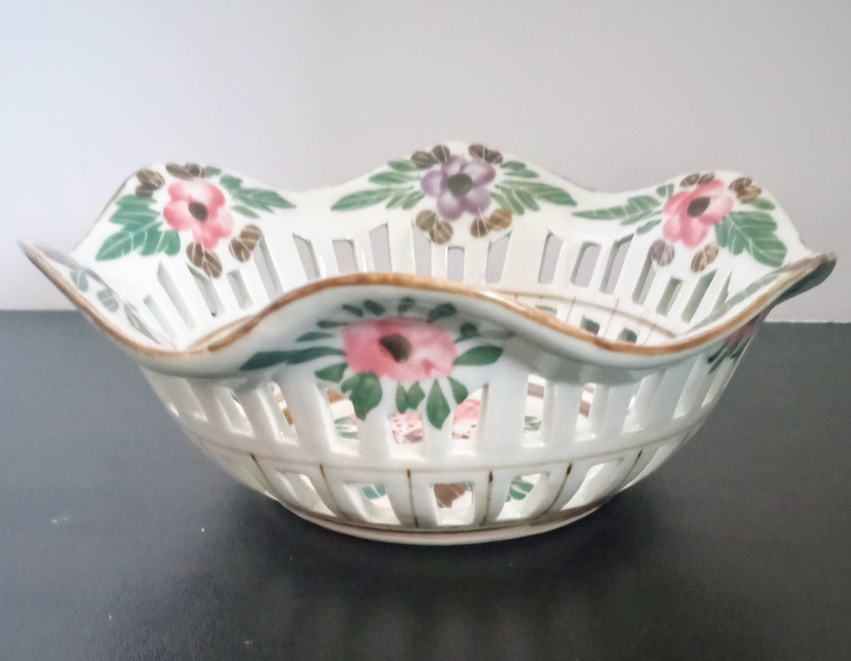 Punched Porcelain Basket Bowl With Flowers - Etsy
