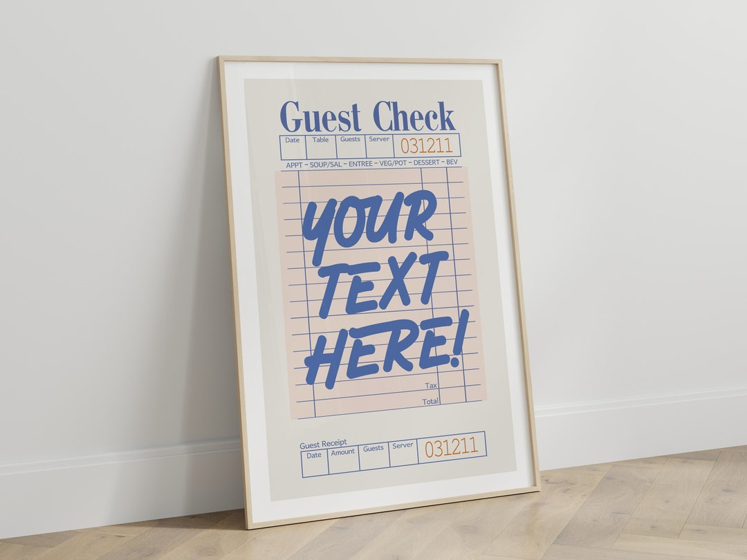 Customized Guest Check Wall Art Print With Personalized Text | Printed ...