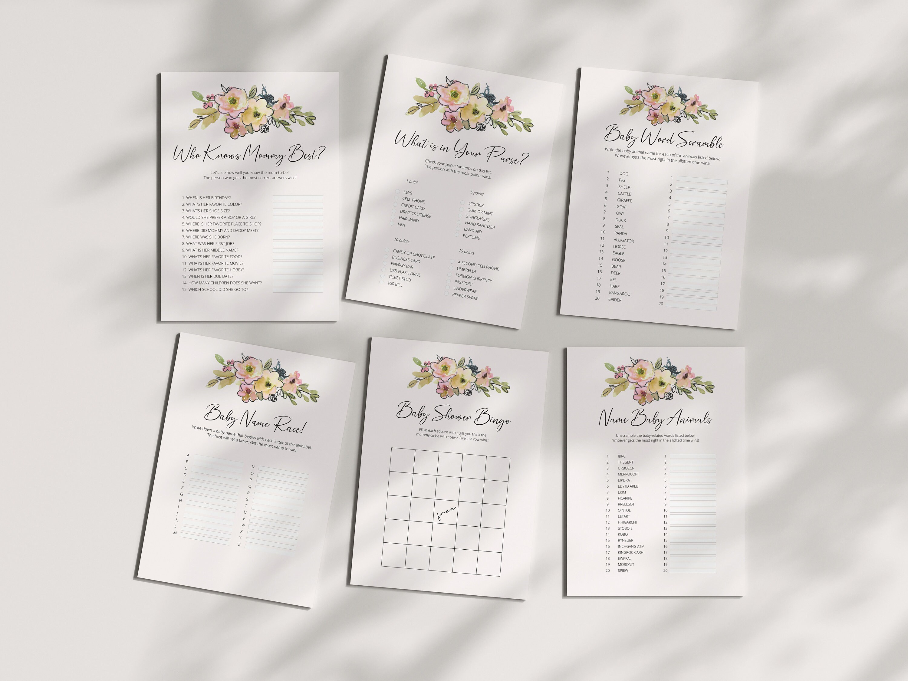 Watercolor Floral Baby Shower Game Set Printed & Shipped - Etsy