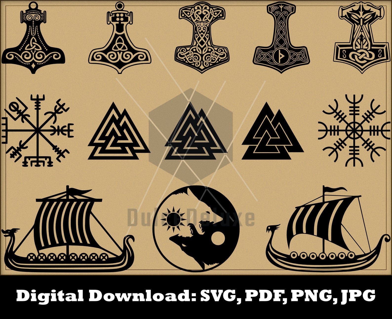 Viking Symbols SVG Bundle - Mjolnir Vegvisir Valknut Aegishjalmur Helm ...