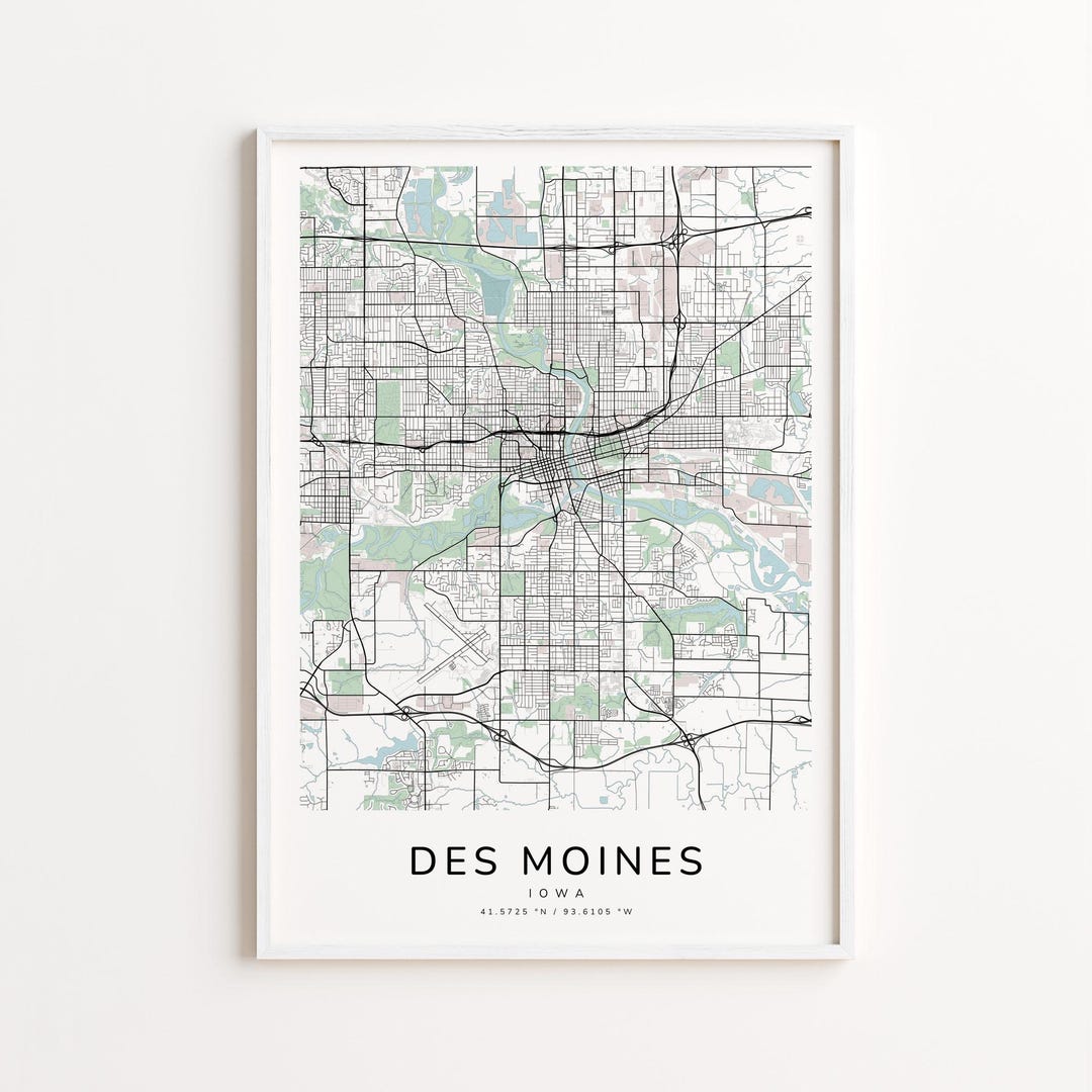 Des Moines Iowa Map Print – Detailed Street Map Wall Art, Modern City ...