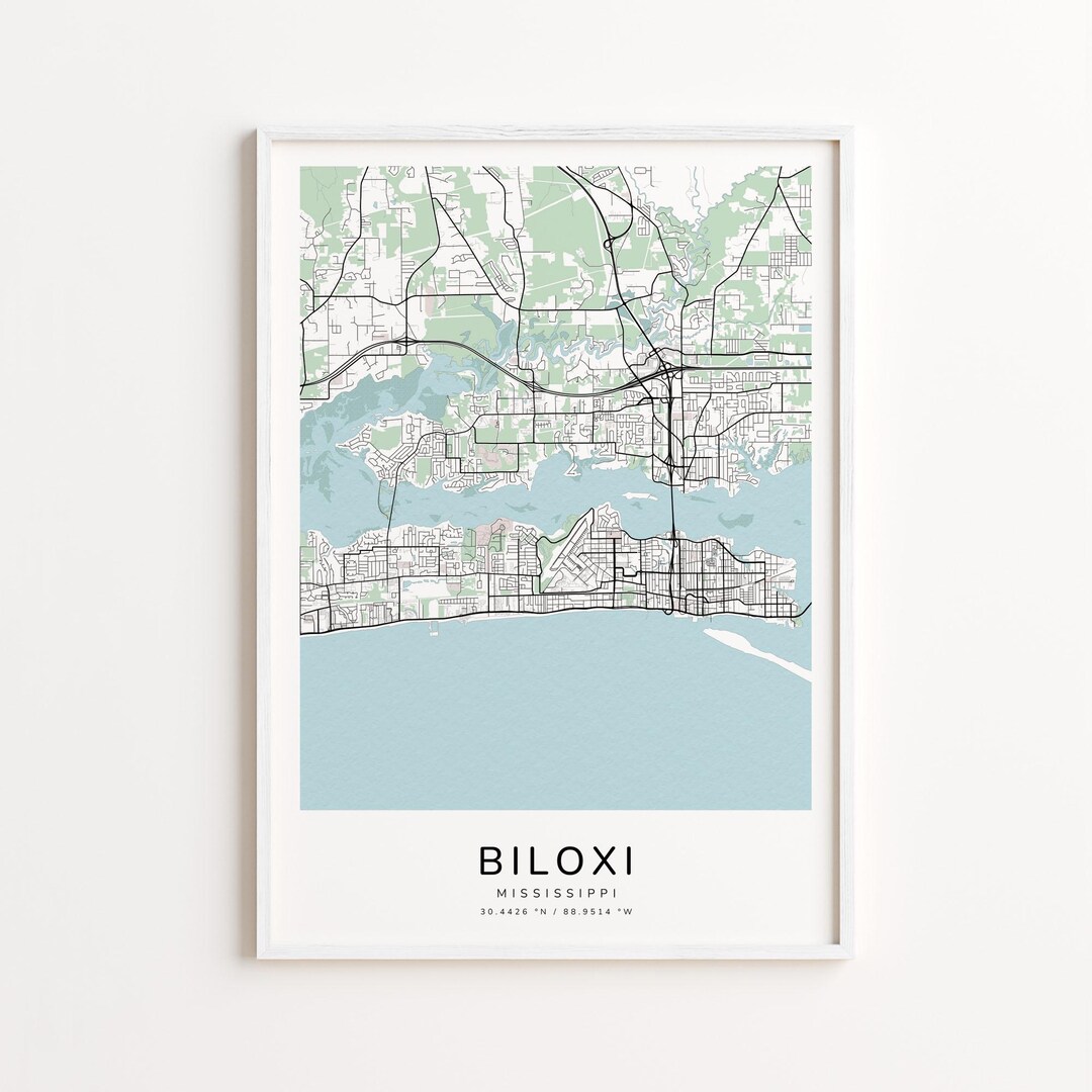 Biloxi Mississippi Map Print – Detailed Street Map Wall Art, Modern ...