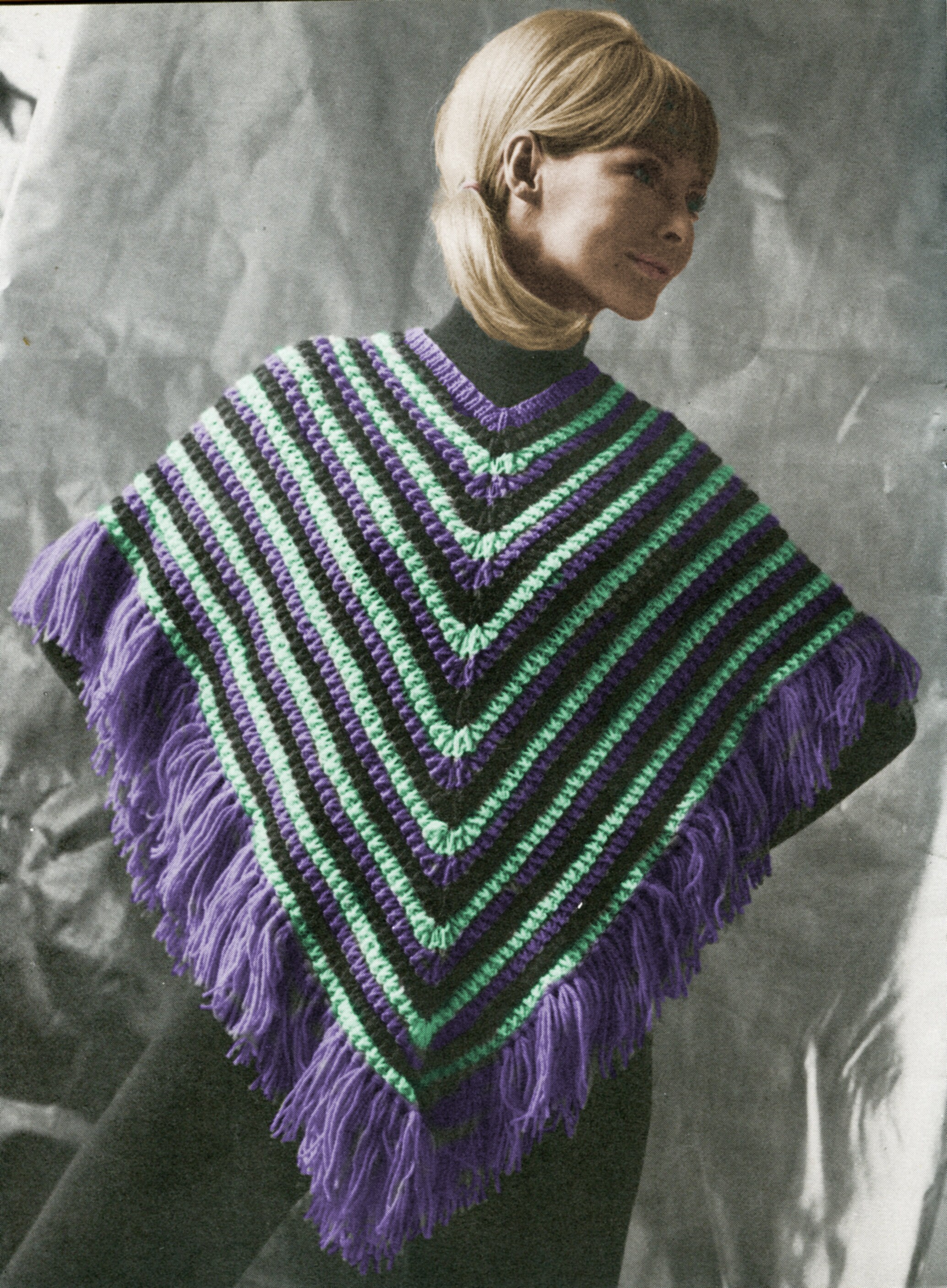 Triple Stripe Poncho Knitting Pattern - Fringed Poncho Pattern, Vintage ...