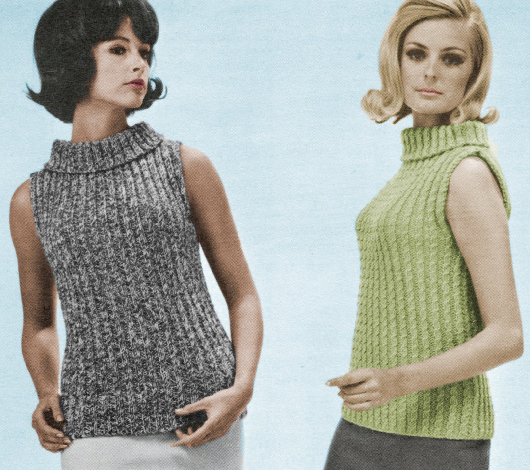 60's Roll Neckline Sleeveless Ribbed Tank Knitting Pattern - Sleeveless ...