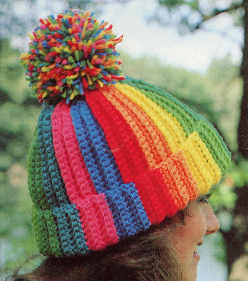 Rainbow Striped Toque Knitting Pattern Vibrant Pom Pom Winter Hat ...