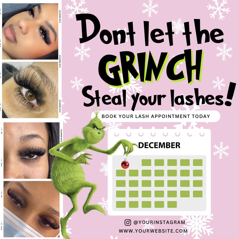 Grinch Lashes Booking Flyer, DIY Canva Template (digital Download) - Etsy
