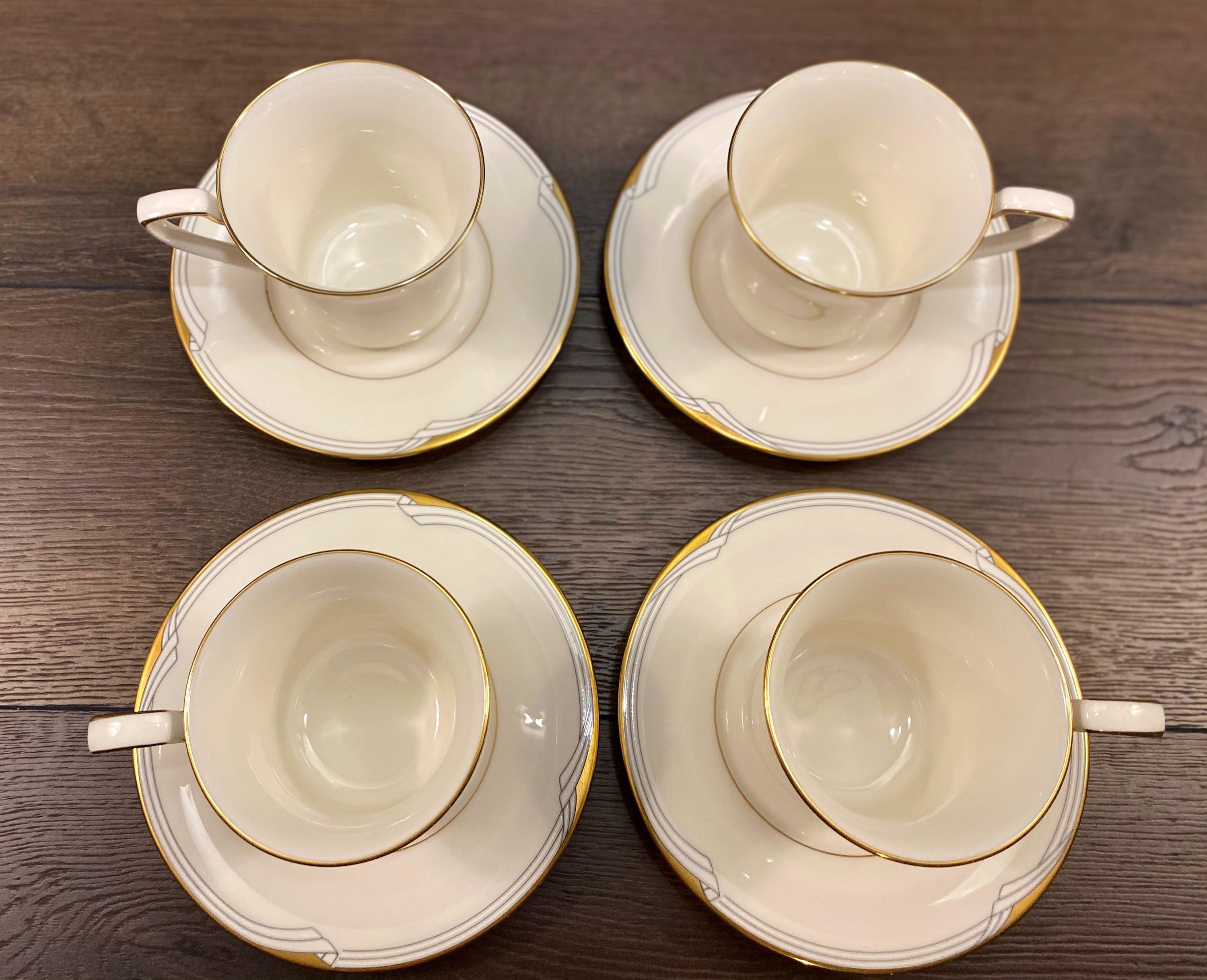 Noritake Golden Cove, Set of 4 Teacups and Saucers, Pretty Geometric ...