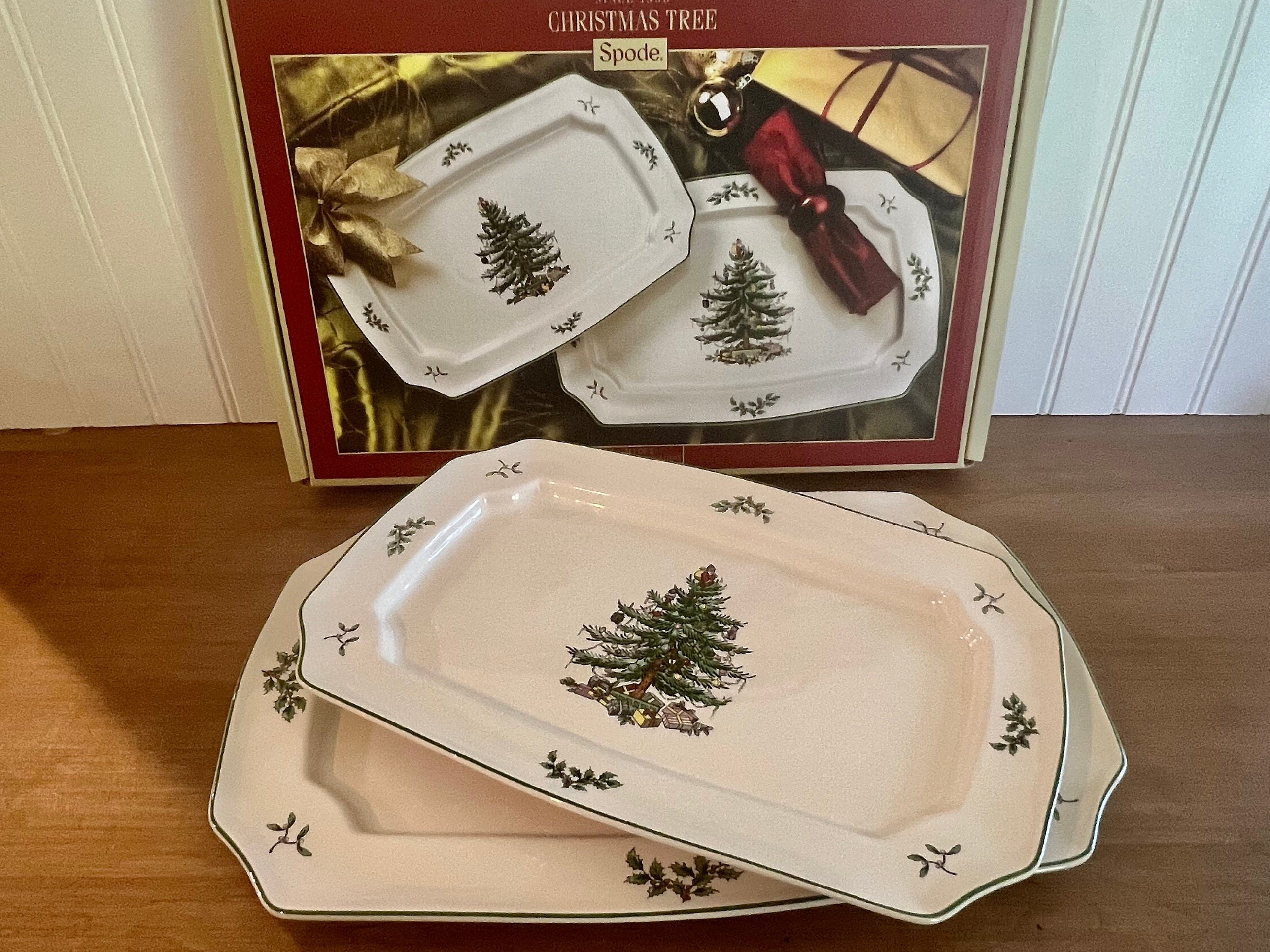 Spode Christmas Tree, Set of 2 Rectangular Serving Platters With Green ...