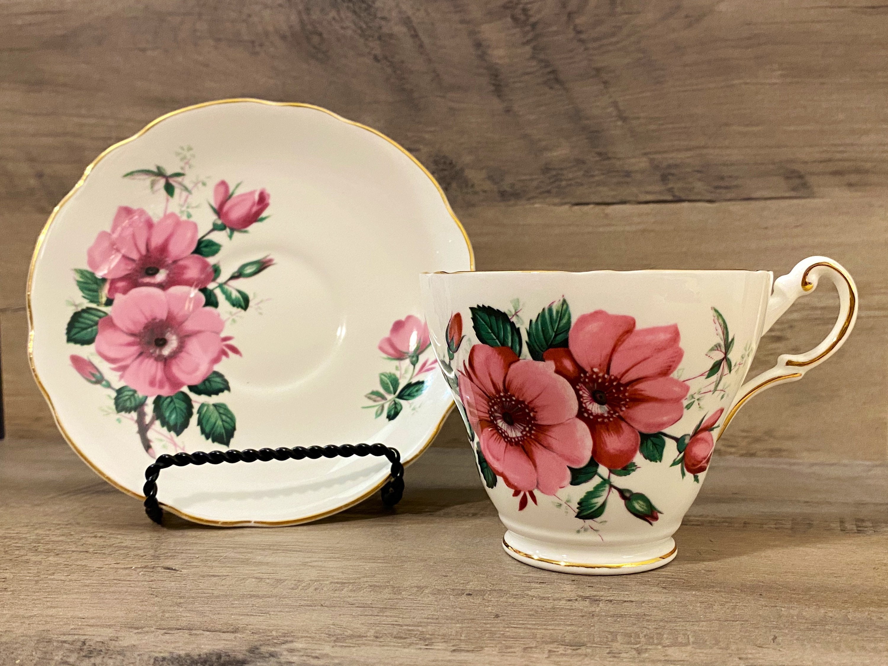 Regency Pink Floral Teacup and Saucer Set, Vintage Bone China Made in ...