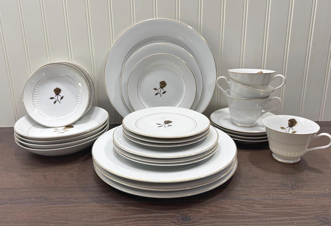 GOLD ROSE Pattern Dinnerware Set, 28 Piece Setting for 4, White Dishes ...