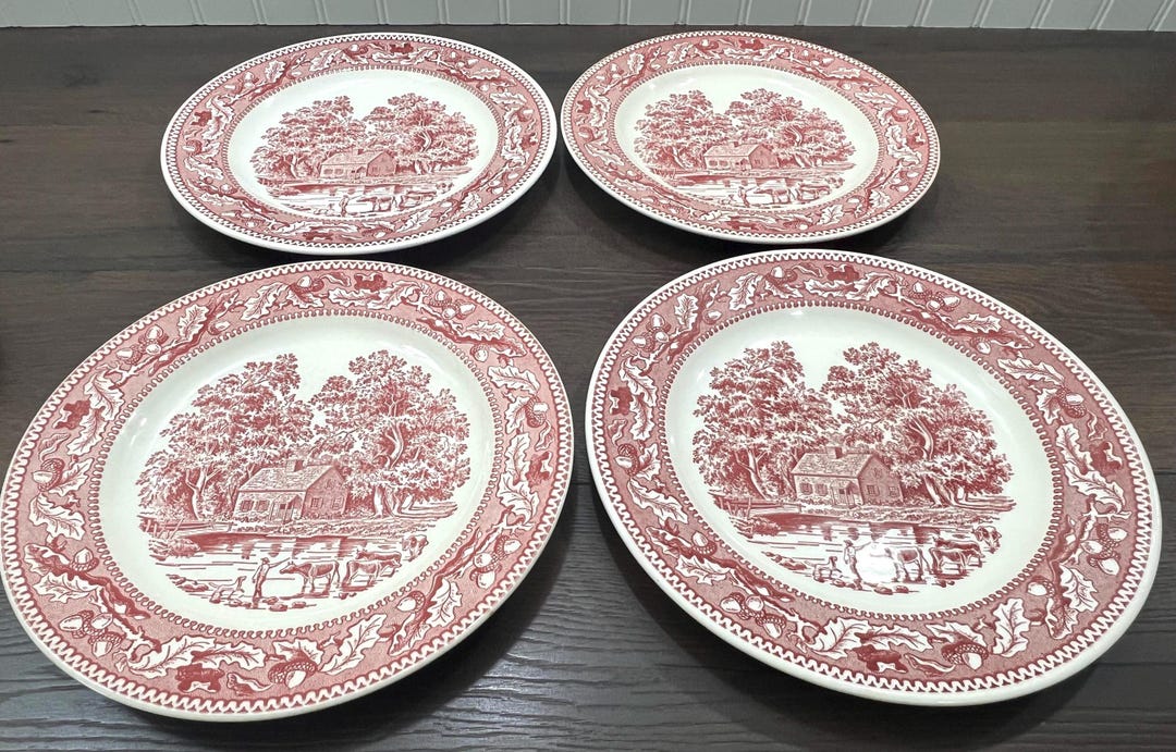 Memory Lane Dinner Plates, Set of 4, Red and White Transferware, Circa ...