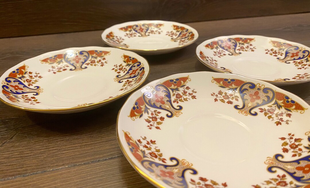 Colclough Royale Saucers, Set of 4, Pretty Blue Scroll With Deep Orange ...