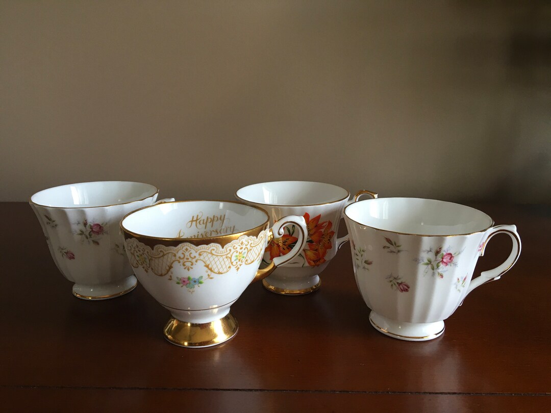 Four Vintage Fine English China Tea Cups Mismatched Teacups Tuscan ...