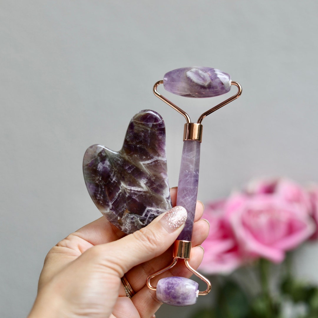Amethyst Self Care Set, Amethyst Gua Sha, Amethyst Roller Set, Face Oil ...