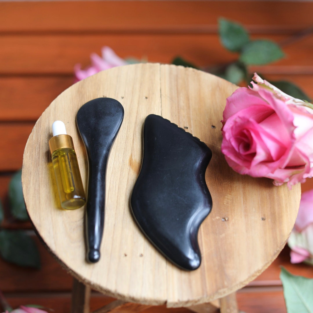 Black Bian Stone Gua Sha & Black Bian Stone Spoon Acupressure Set, New ...