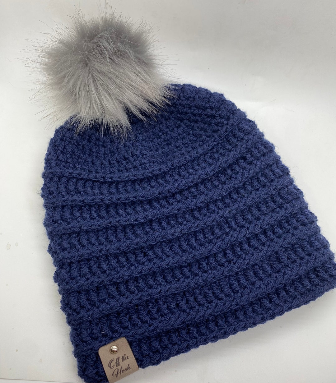 Adult Crochet Navy Blue Ribbed Beanie With Faux Fur Pom Pom | Ready to ...