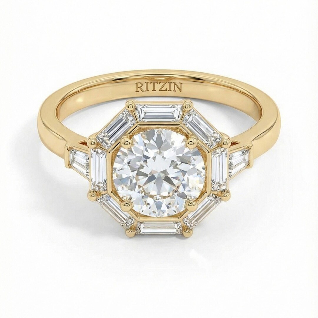 2.20 CT OEC Round CVD Lab Grown Diamond Halo Ring, Trapezoid Side Stone ...
