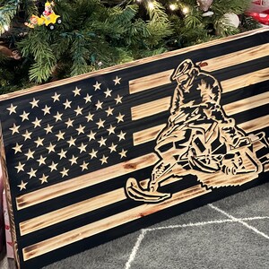 Handmade Wood Snowmobile American Flag 35"x18", Engraved Stars ...