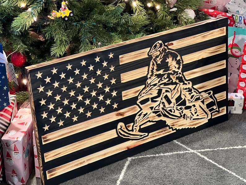 Handmade Wood Snowmobile American Flag 35"x18", Engraved Stars ...
