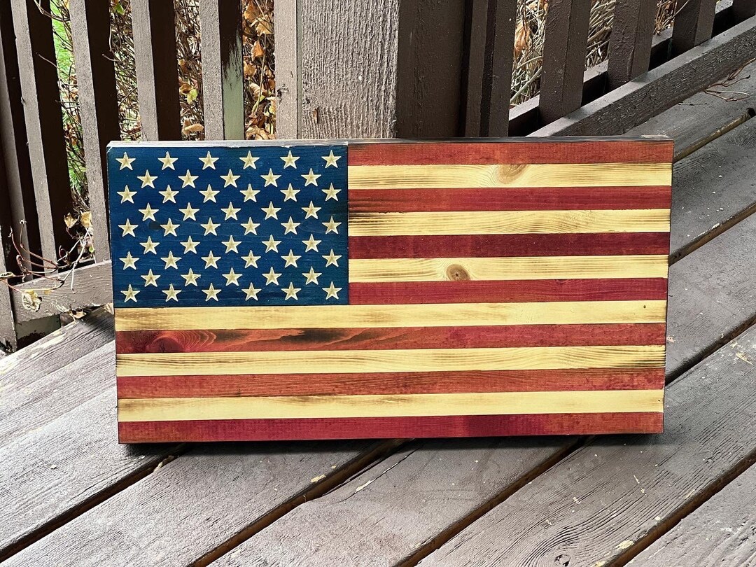 Handmade Wood Flag 24"x13", Engraved Stars, Burned Wooden Flag, USA ...