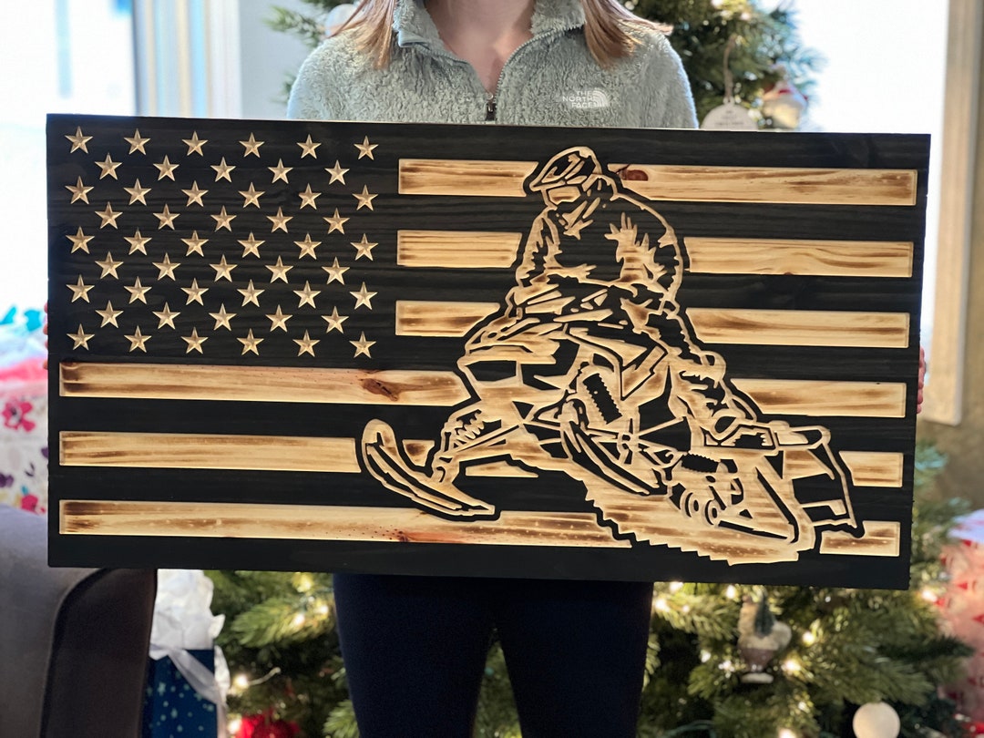 Handmade Wood Snowmobile American Flag 35"x18", Engraved Stars ...