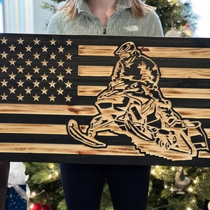 Handmade Wood Snowmobile American Flag 35"x18", Engraved Stars ...