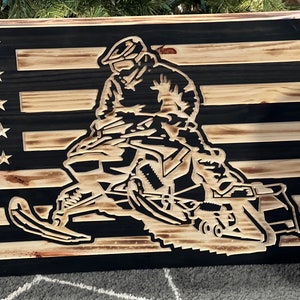 Handmade Wood Snowmobile American Flag 35"x18", Engraved Stars ...