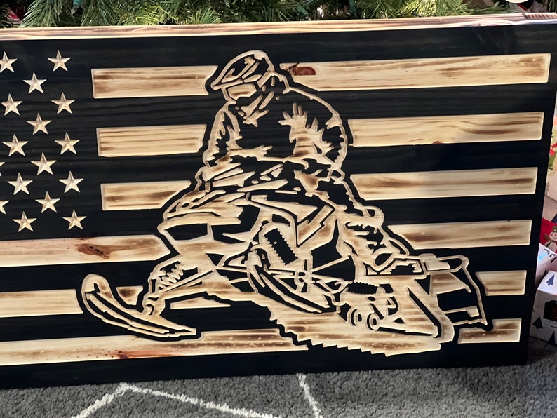 Handmade Wood Snowmobile American Flag 35"x18", Engraved Stars ...