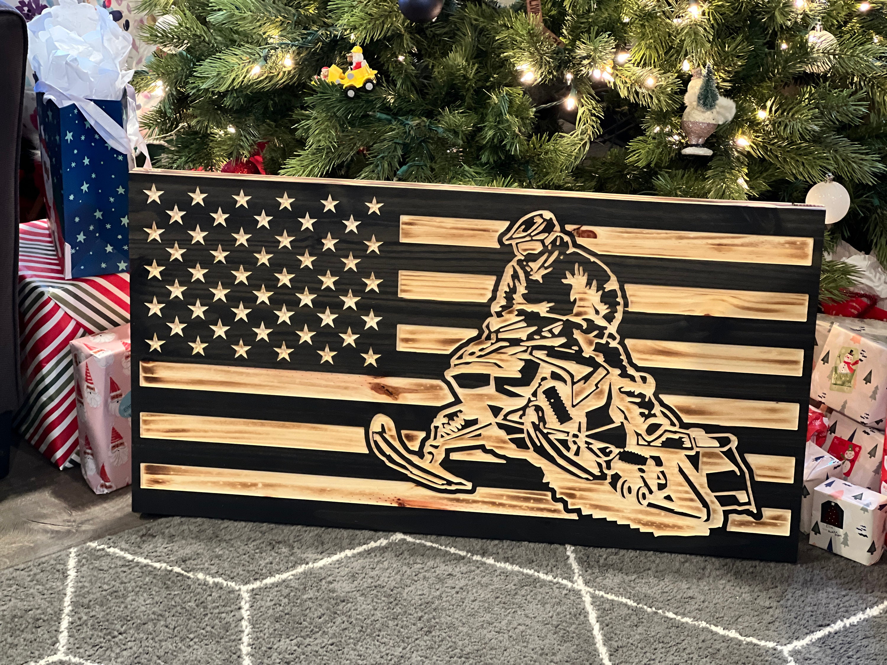 Handmade Wood Snowmobile American Flag 35"x18", Engraved Stars ...