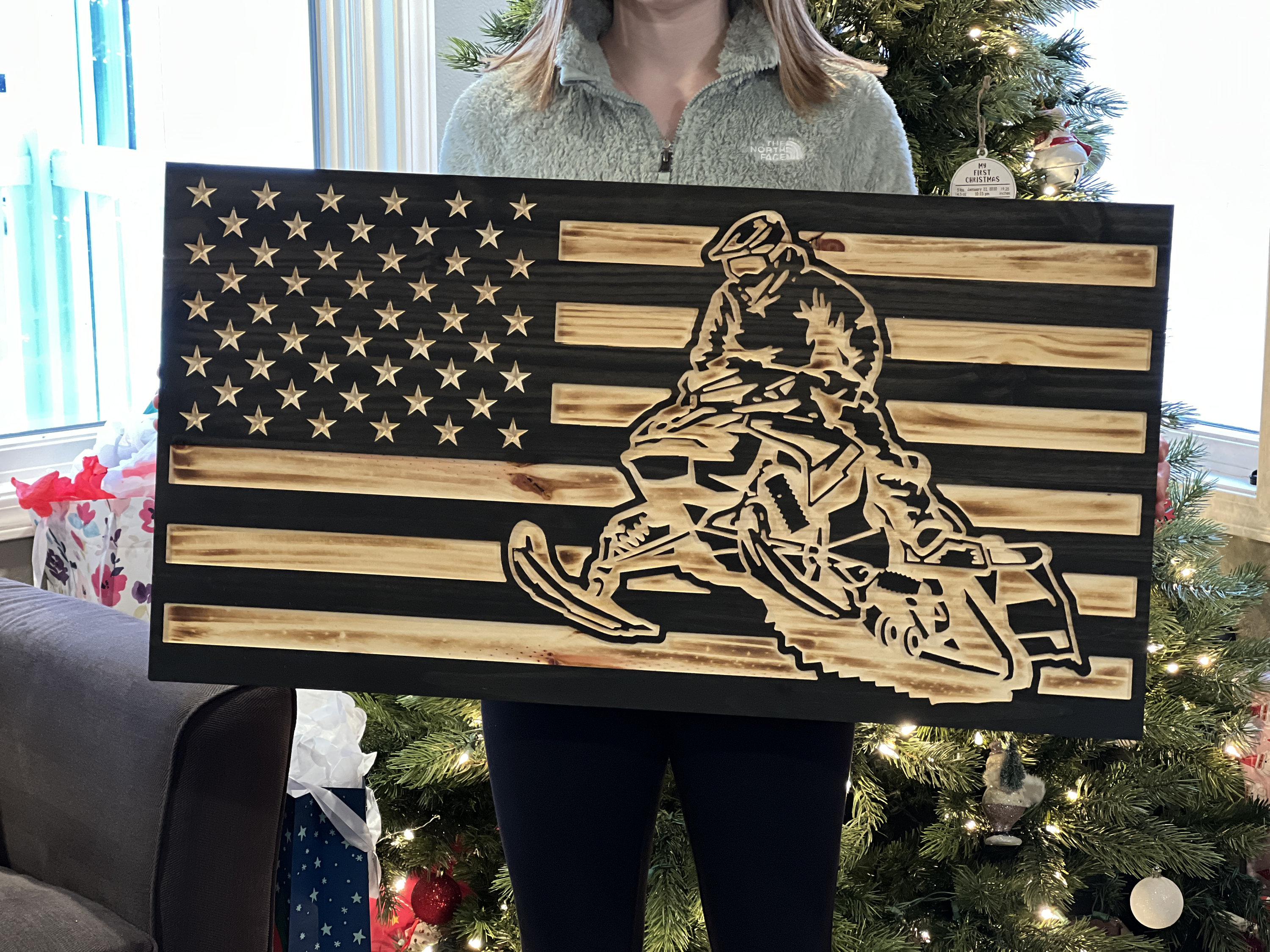 Handmade Wood Snowmobile American Flag 35"x18", Engraved Stars ...