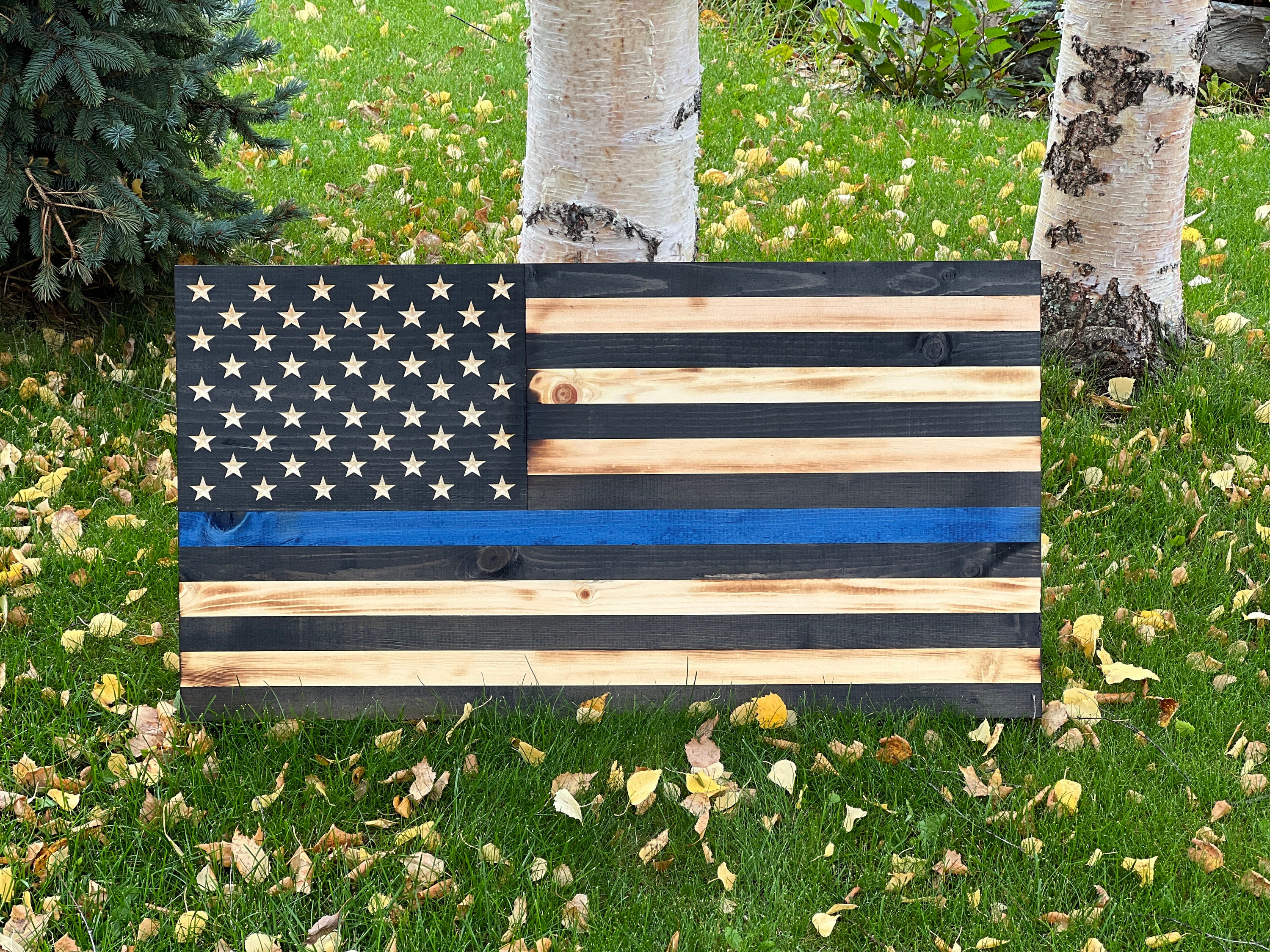 Handcrafted Wood Rustic "thin Blue Line" American Flag, Burned Wood ...