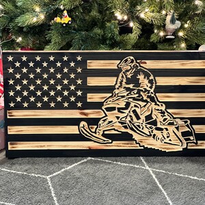 Handmade Wood Snowmobile American Flag 35"x18", Engraved Stars ...