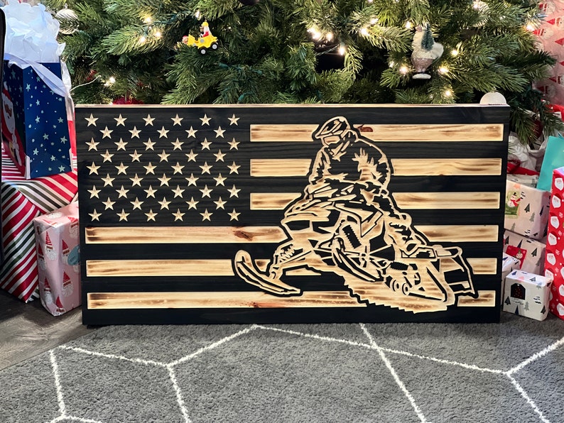 Handmade Wood Snowmobile American Flag 35"x18", Engraved Stars ...