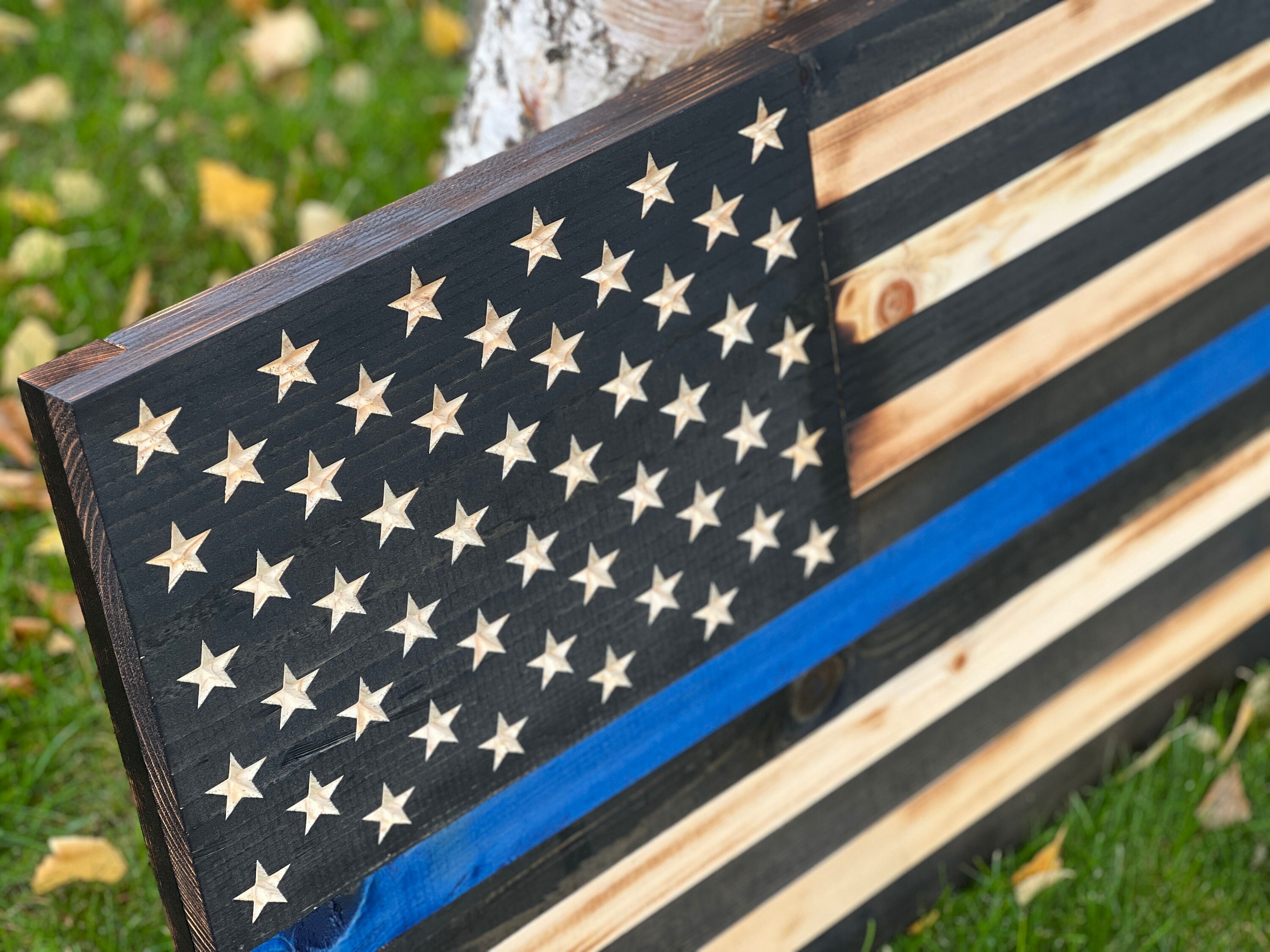Handcrafted Wood Rustic thin Blue Line American Flag, Burned Wood Flag ...