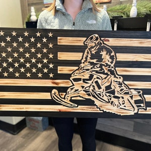 Handmade Wood Snowmobile American Flag 35"x18", Engraved Stars ...