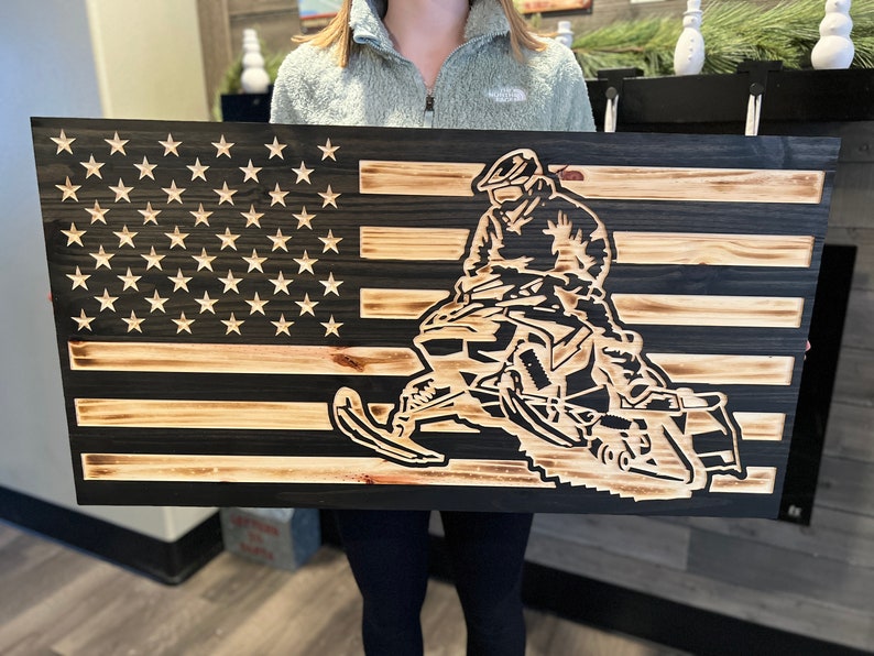 Handmade Wood Snowmobile American Flag 35"x18", Engraved Stars ...