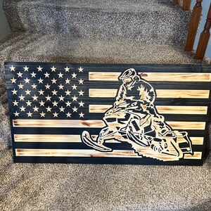 Handmade Wood Snowmobile American Flag 35"x18", Engraved Stars ...