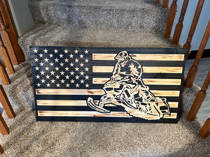 Handmade Wood Snowmobile American Flag 35"x18", Engraved Stars ...