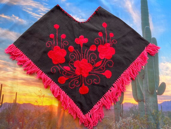 MEXICAN EMBROIDERED Poncho Woven Black Hot Pink Fring… - Gem